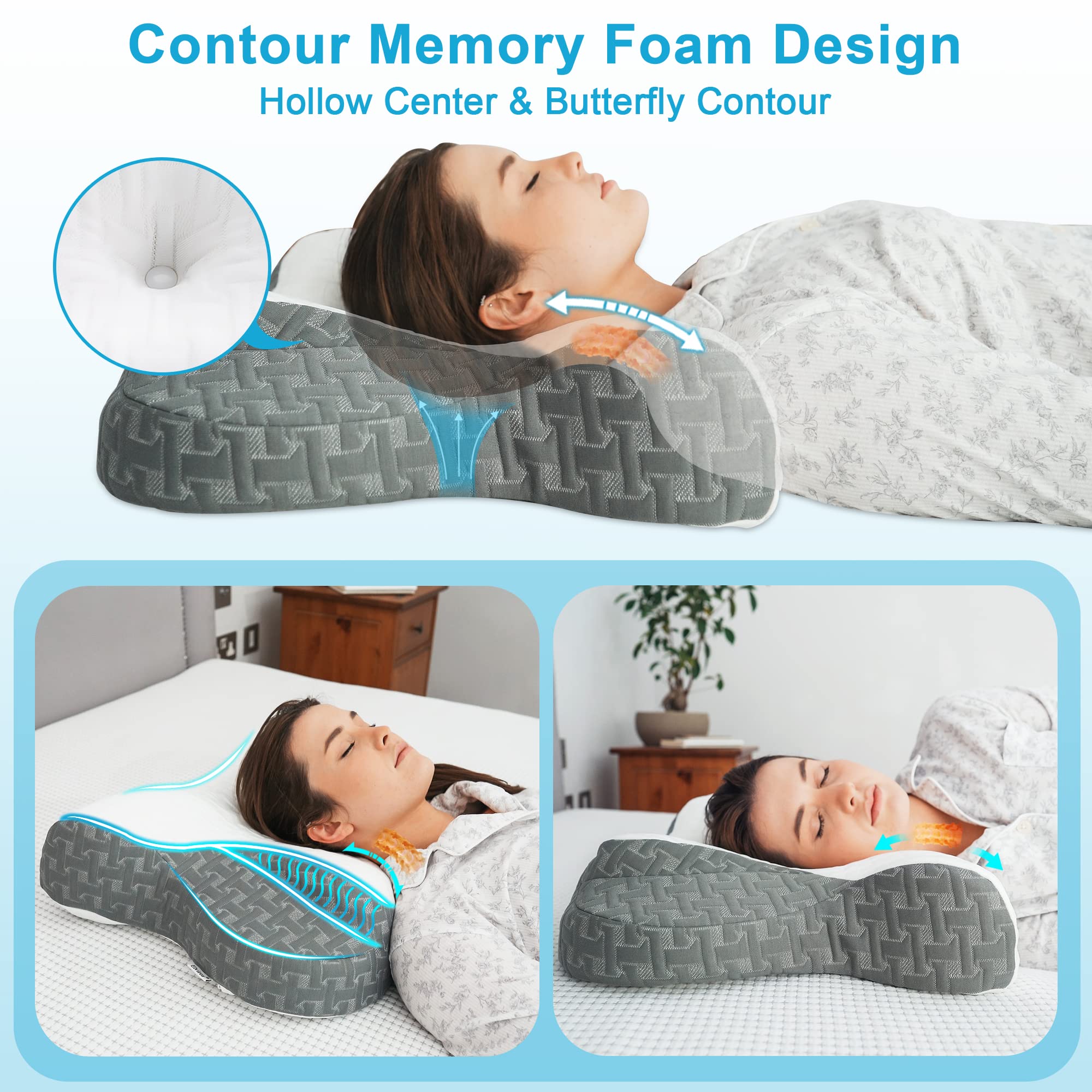 Elviros Cervical Memory Foam Neck Pillow for Pain Relief, Adjustable Orthopedic Contour Support Pillows for Sleeping, Ergonomic Bed Pillow for Side, Back, Stomach Sleepers, Queen Size (White)