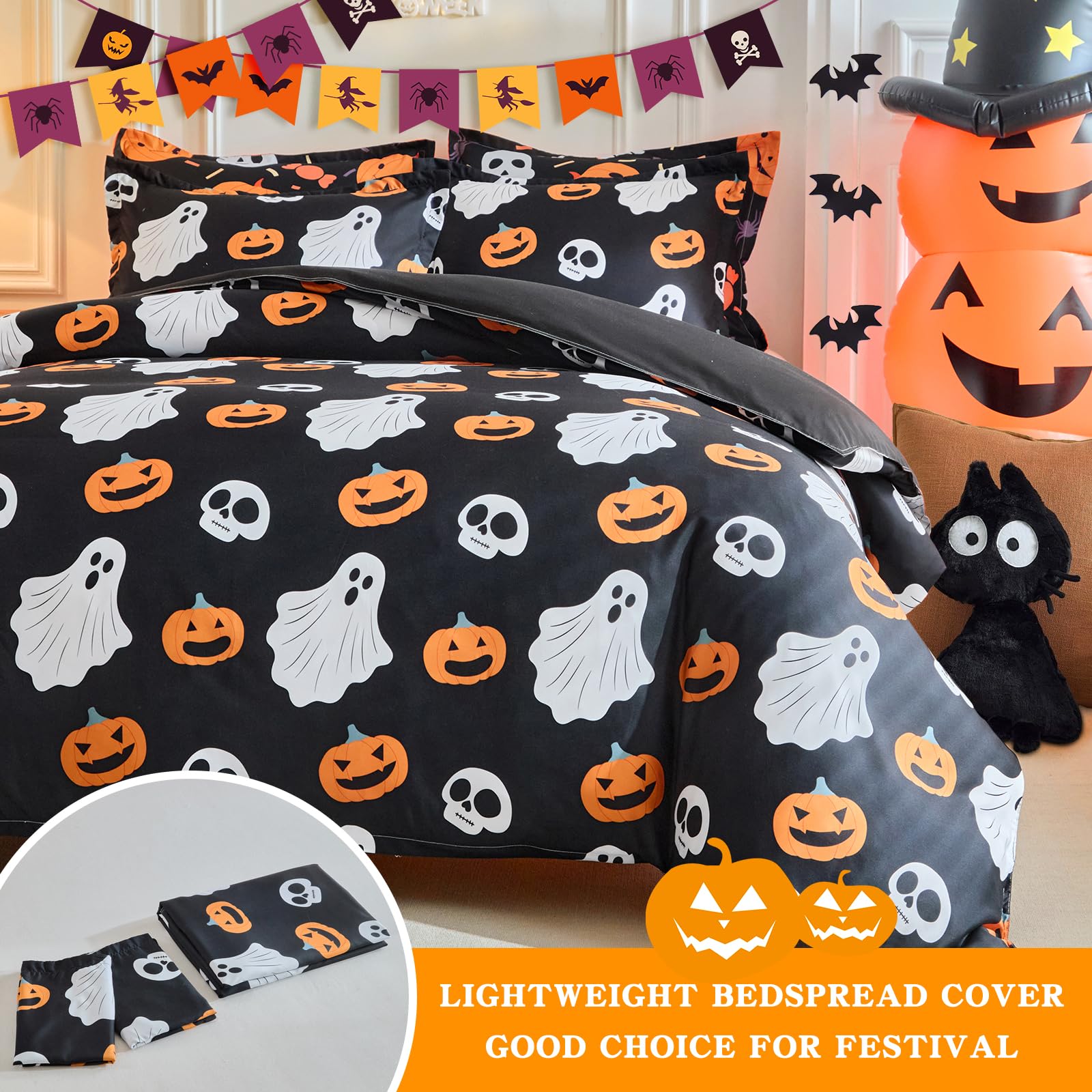 Joyreap 3pcs Halloween Duvet Cover Set, Pumpkin Ghost Black Design, Soft Microfiber Comforter Cover for All Season (Queen, 88x88 inches)