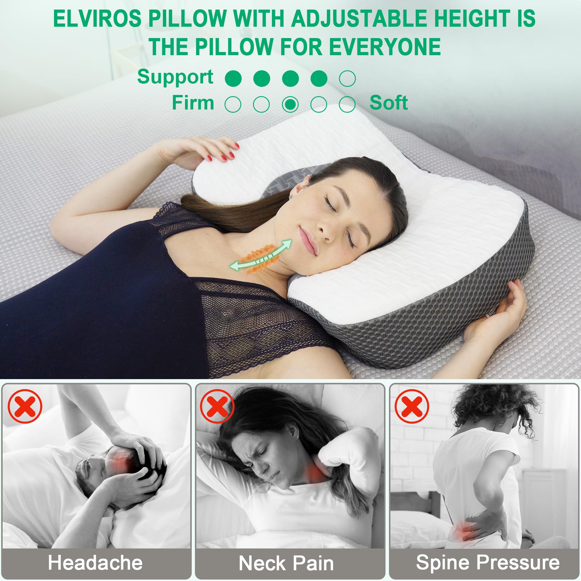 Elviros Cervical Neck Pillow, Contour Memory Foam Pillows for Pain Relief Sleeping, Adjustable Orthopedic Ergonomic Bed Pillow for Back and Stomach Sleepers (White)