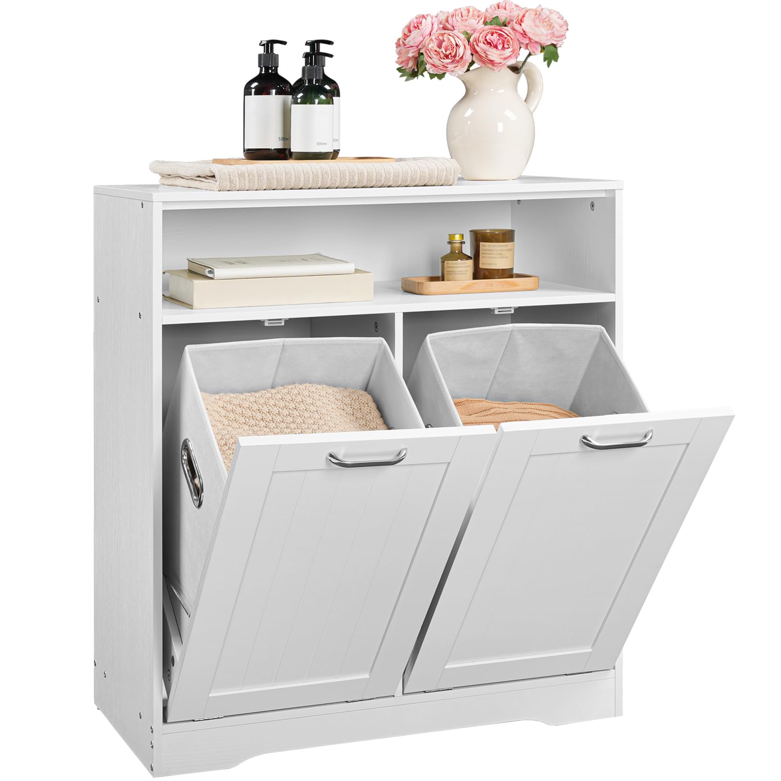 HOOBRO Laundry Cabinet, Tilt-Out Laundry Hamper, Pull Out Laundry Sorter with 2 Removable Basket and Open Shelving, Storage Cabinet for Laundry Room, Bathroom, Living Room, White WT80XY01