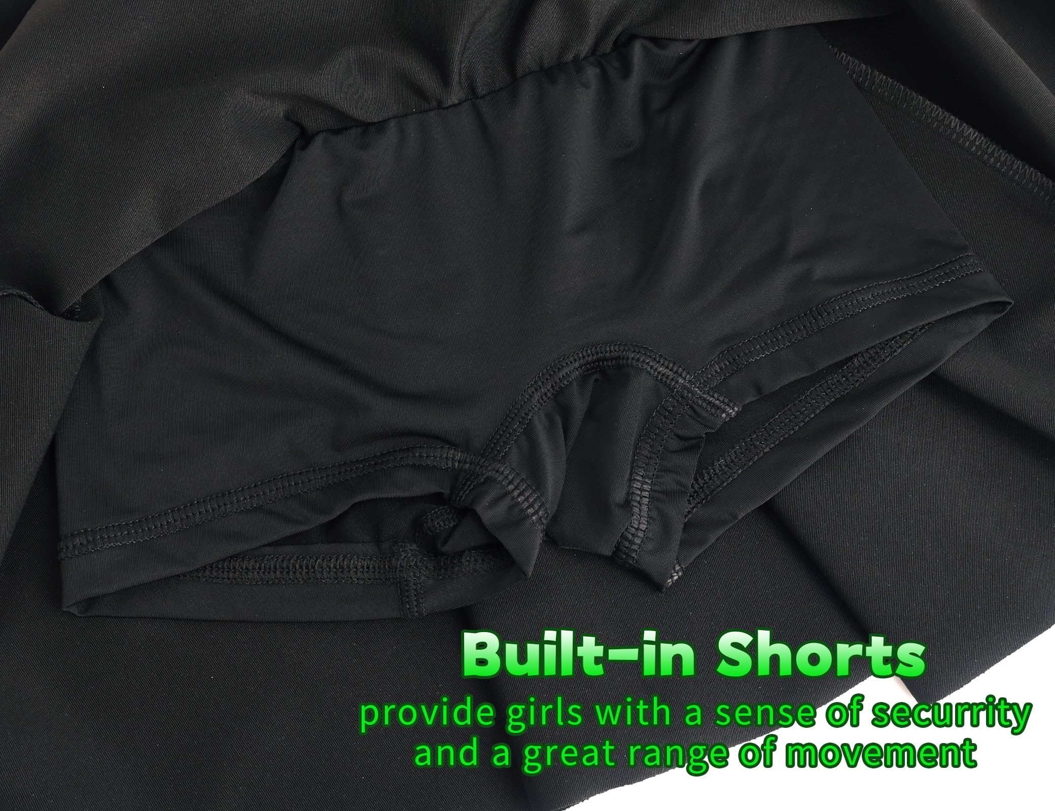 Gnainach Tennis Skirts for Girls Size 11-12 Years Old Solid Black Lightweight Stretch High Waisted Pleated Active Skort with 3 Pockets