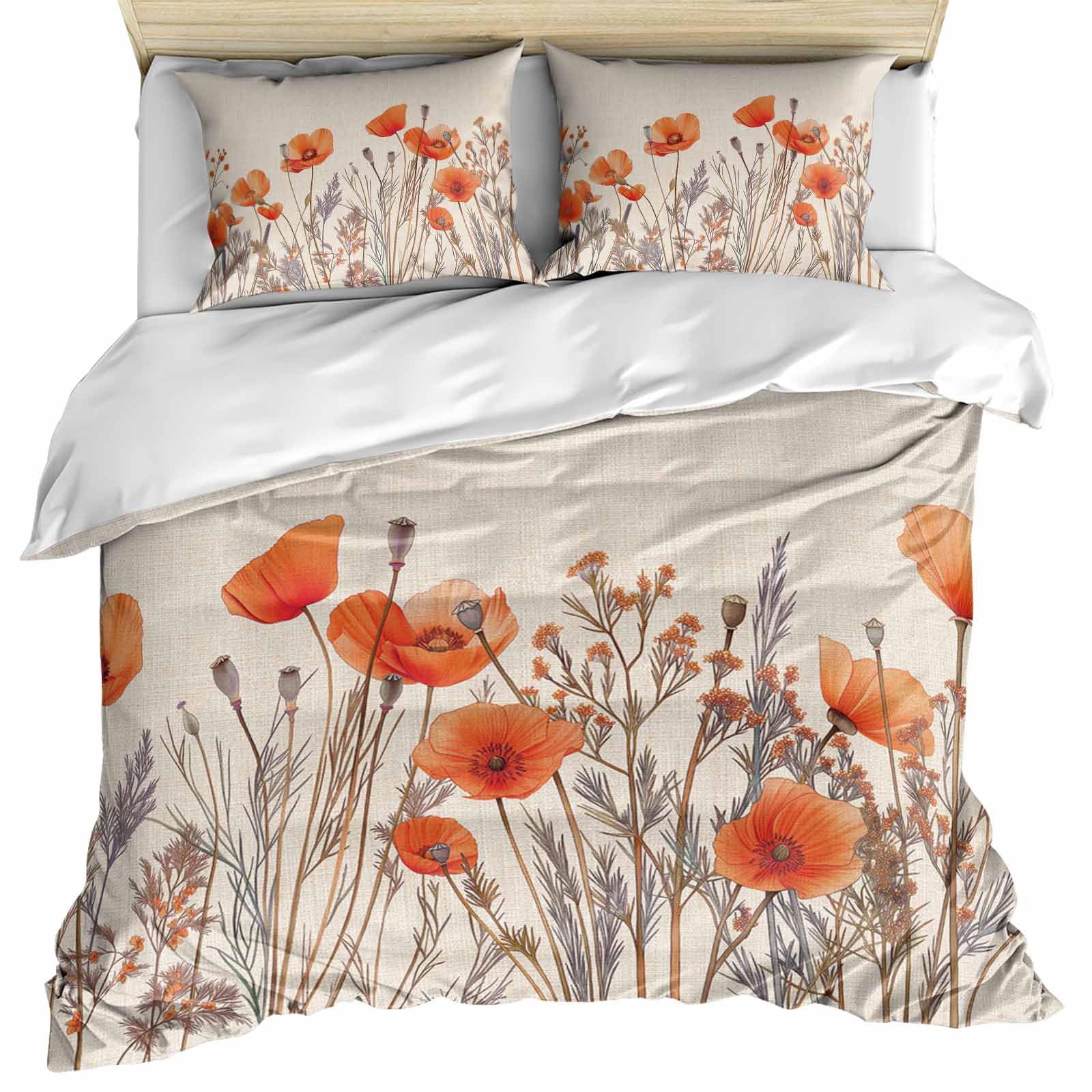Lsrtoss Orange Spring Floral Twin Duvet Cover Set for All Season, Watercolor Farmhouse Botanical Microfiber 3 Piece Bedding Set with 2 Pillowcases & 1 Quilt Cover, 68" W x 86" L, Twin Size