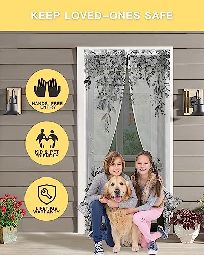 ZOE GARDEN Grey Eucalyptus Magnetic Screen Door for Sliding/Single/French Doors, Self Sealing Magnets Patio Door Screen Heavy Duty Mesh Curtain, Fall Leaves Country Rustic Chic Flower