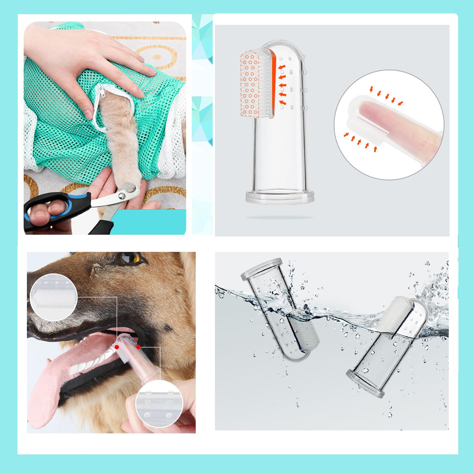 MSMUOEZ Adjustable Multifunctional Anti-Bite Shower net Bag,Cat Grooming Mesh Bag, Cat Bathing Bag,Cat Bath Brush and Pet Finger Toothbrush (B-Grey)