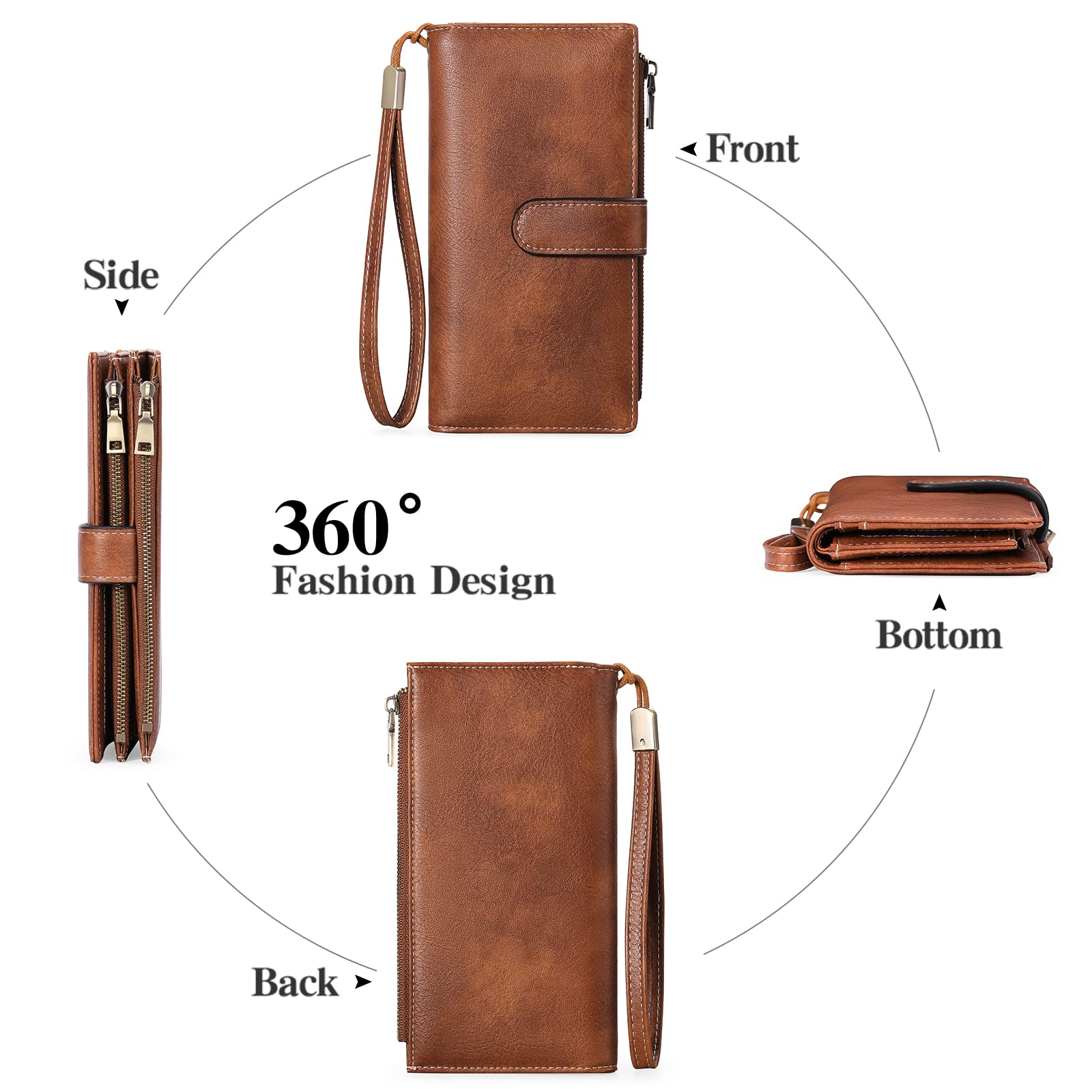 GOIACII Womens Wallets Large Capacity Credit Card Holder Rfid Wallet Women Double Zipper Pocket Leather Bifold Ladies Wristlet Clutch Wallet