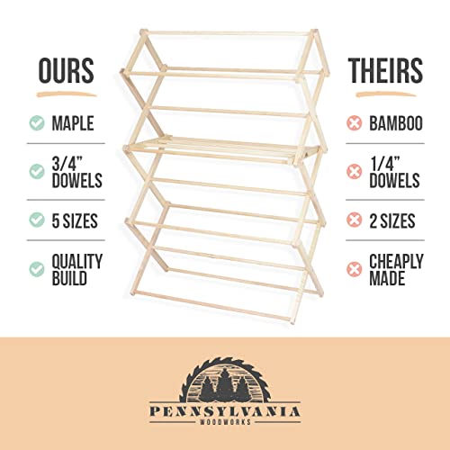 Pennsylvania Woodworks Clothes Drying Rack: Solid Maple Hardwood Laundry Rack for Bedding, Blankets, Towels & More, Heavy Duty, Folding Drying Rack Made in USA, No Assembly Needed, Extra Large