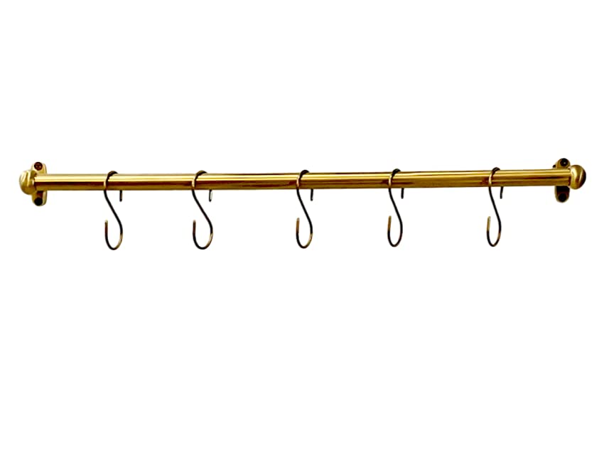 HRLBrass Burnished Unlacquered Brass Pot Rail with 5 "S Hooks (24 Inch)