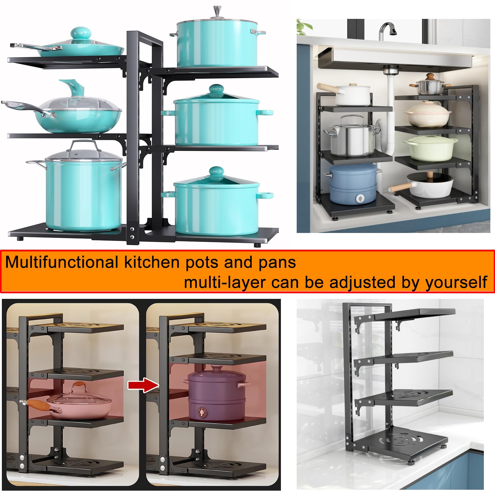 HAOWUJIN Adjustable 6-Tier Pots and Pans Organizer for Cabinet, Black, Iron
