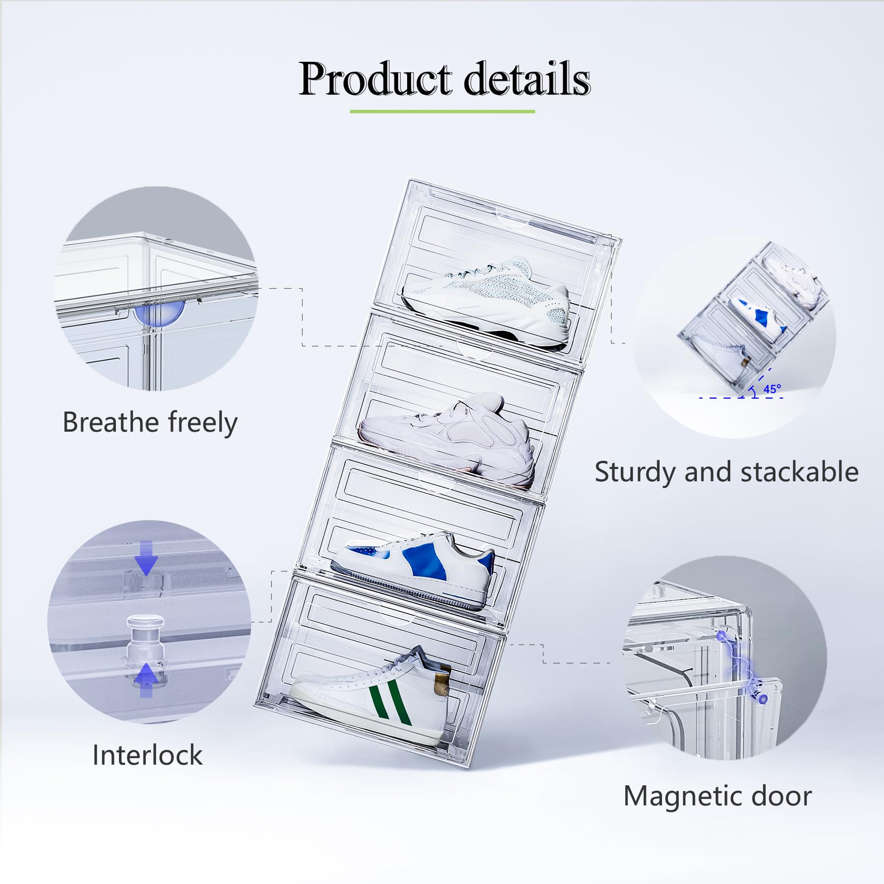 OMOPIN XL Shoe Storage Box,8 Pack Drop Side Shoe Boxes Clear Plastic Stackable,Sneaker Display Case with Magnetic Door Fit up to US 13(13.4”x 10.6”x 8.3”(8 Pack Clear)