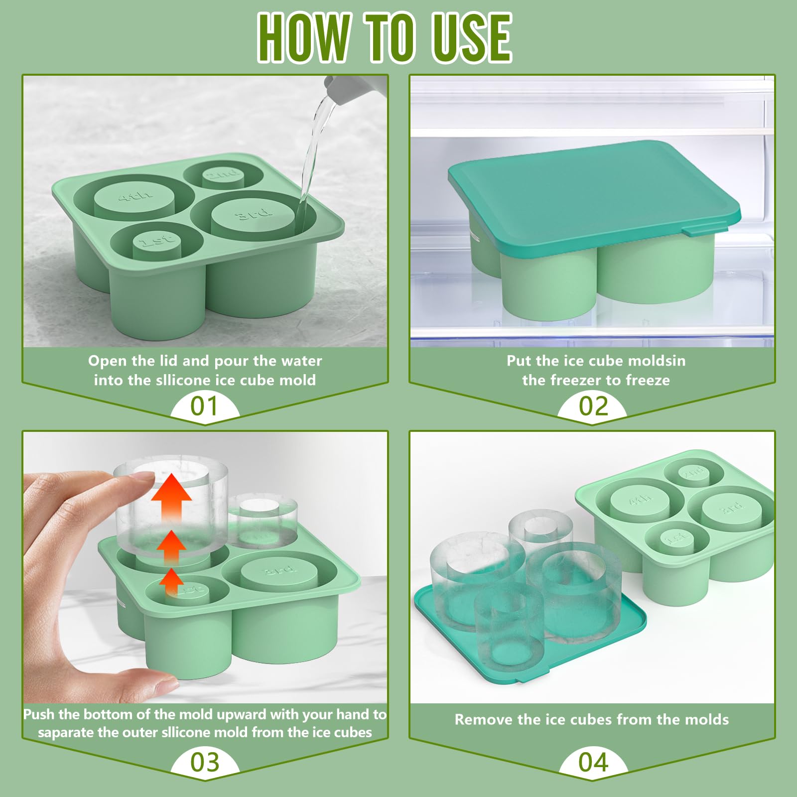 Ice Cube Trays with Lids for Stanley Cup,4Pcs Cylinder Silicone Ice Cube Trays for Freezer,Ice Mold with Lid and Bin for Freezer, Ice Drink, Juice, Whiskey, Cocktail, 20Oz, 30Oz, 40Oz(Green)