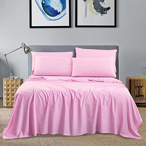 MEISHANG Twin Size Sheet Set Cooling Breathable Bed Sheets Set, Ultra Silky Soft Microfiber Sheet with 16 Inch Deep Pocket, Machine Washable, 4 Pieces (Twin, Pink)