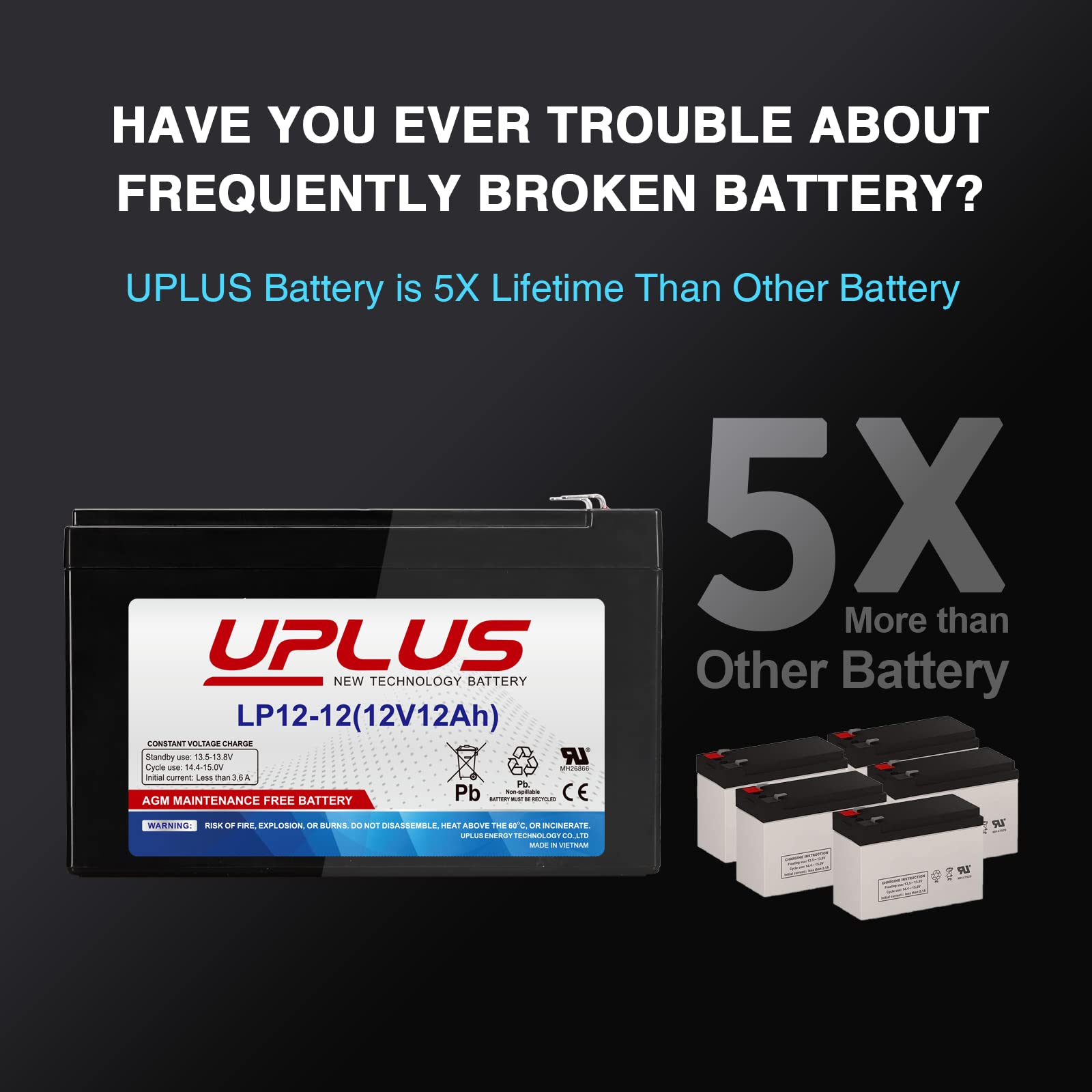 UPLUS 12 Volt 12AH Rechargeable SLA AGM Battery, LP12-12 Deep Cycle Batteries for EXP12120,EP12-12,NP12-12,WP12-12,LC-RA1212P,PX12120,PS-12120,RT12120,CP12120,ML12-12