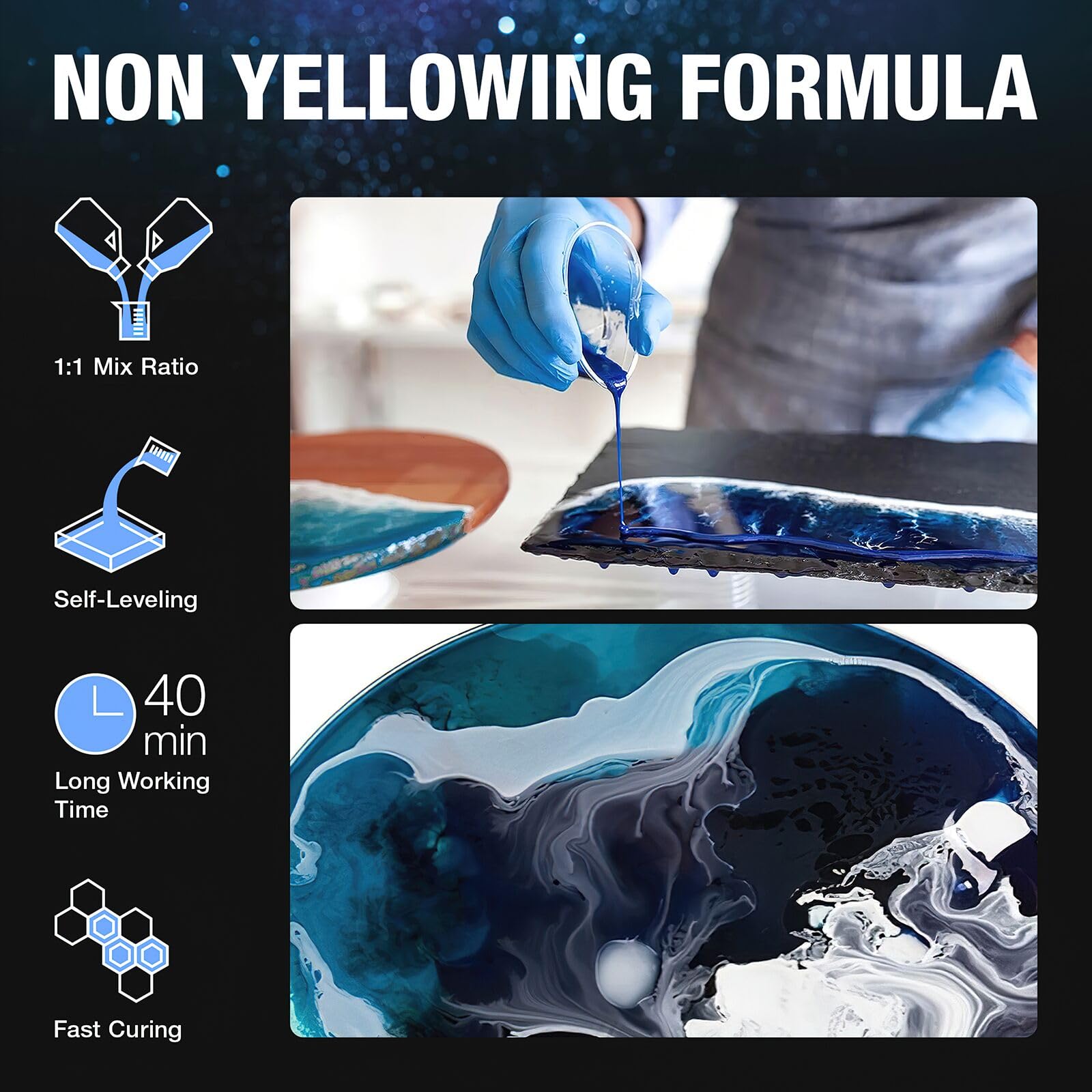JTDO Epoxy Resin - Crystal Clear Epoxy Resin Kit, Self-Leveling, Bubbles Free, UV Resistant, Epoxy Resin for DIY Art, Jewelry, Table, Countertop, 1:1 Mix (1 Gallon)