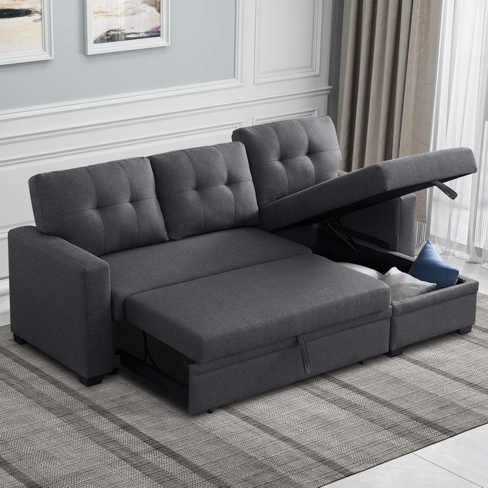 MMTGO 82" L-Shape Reversible Linen Sleeper Sectional Sofa, with Pull Out Bed, Storage Chaise and Arms, Corner Couch for Apartment, Dorm, Living Room