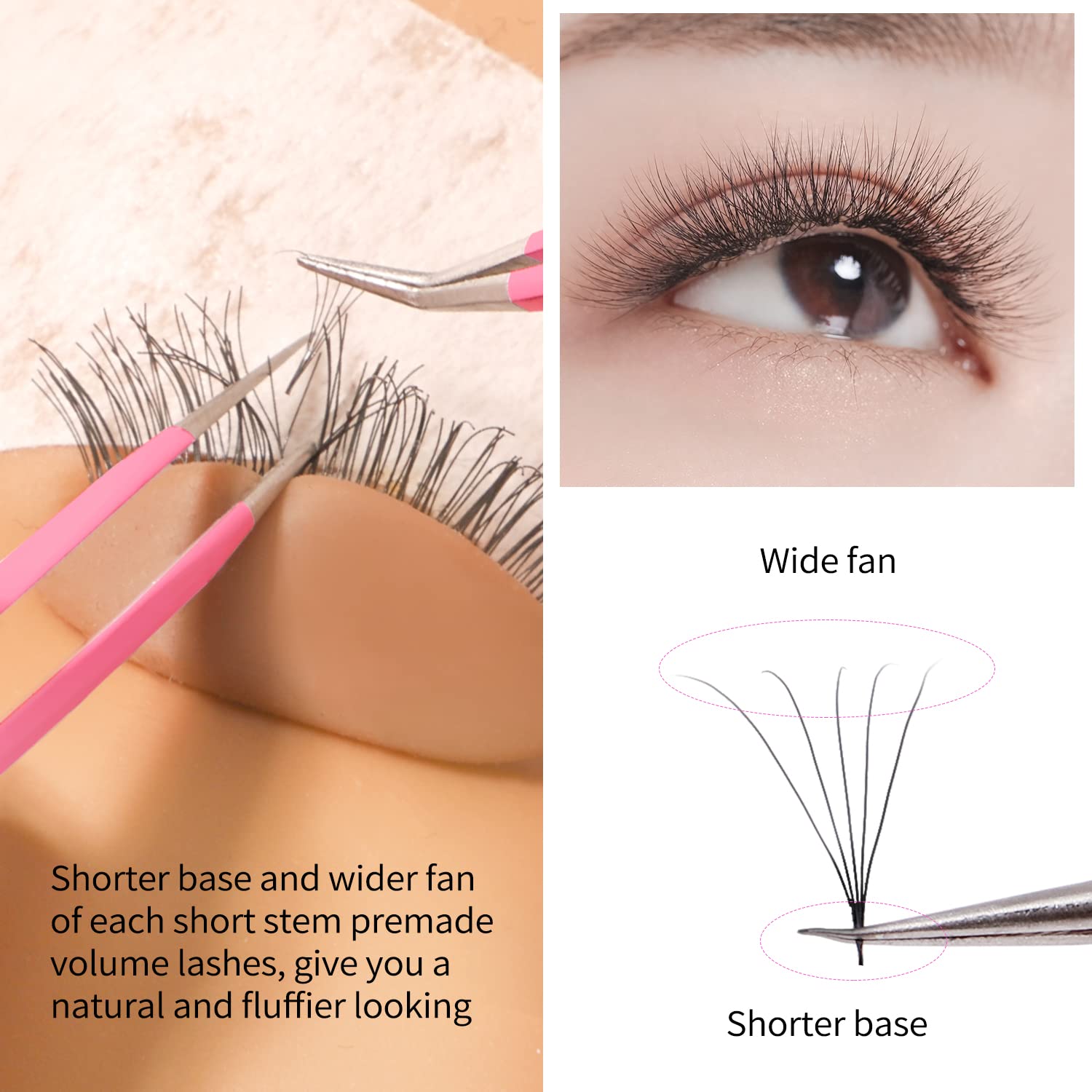 VEYES INC Eyelash Extension Supplies Premade Fans Eyelash Extensions Mixed Tray 10D 0.07 C Curl 9-16mm Short Stem Premade Volume Lash Extensions Fans Matte Black 120 Fans