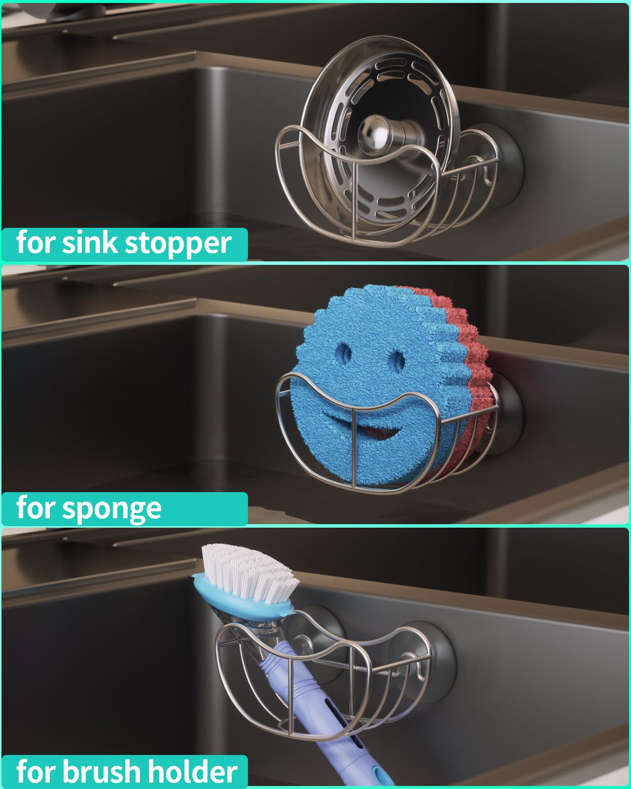 HapiRm Smiley Face Sponge Holder for Kitchen Sink, Two Installation Ways Sink Caddy with Suction Cups & Adhesive Hook, Polished Rustproof Stainless Steel Sink Sponge Holder-Silver