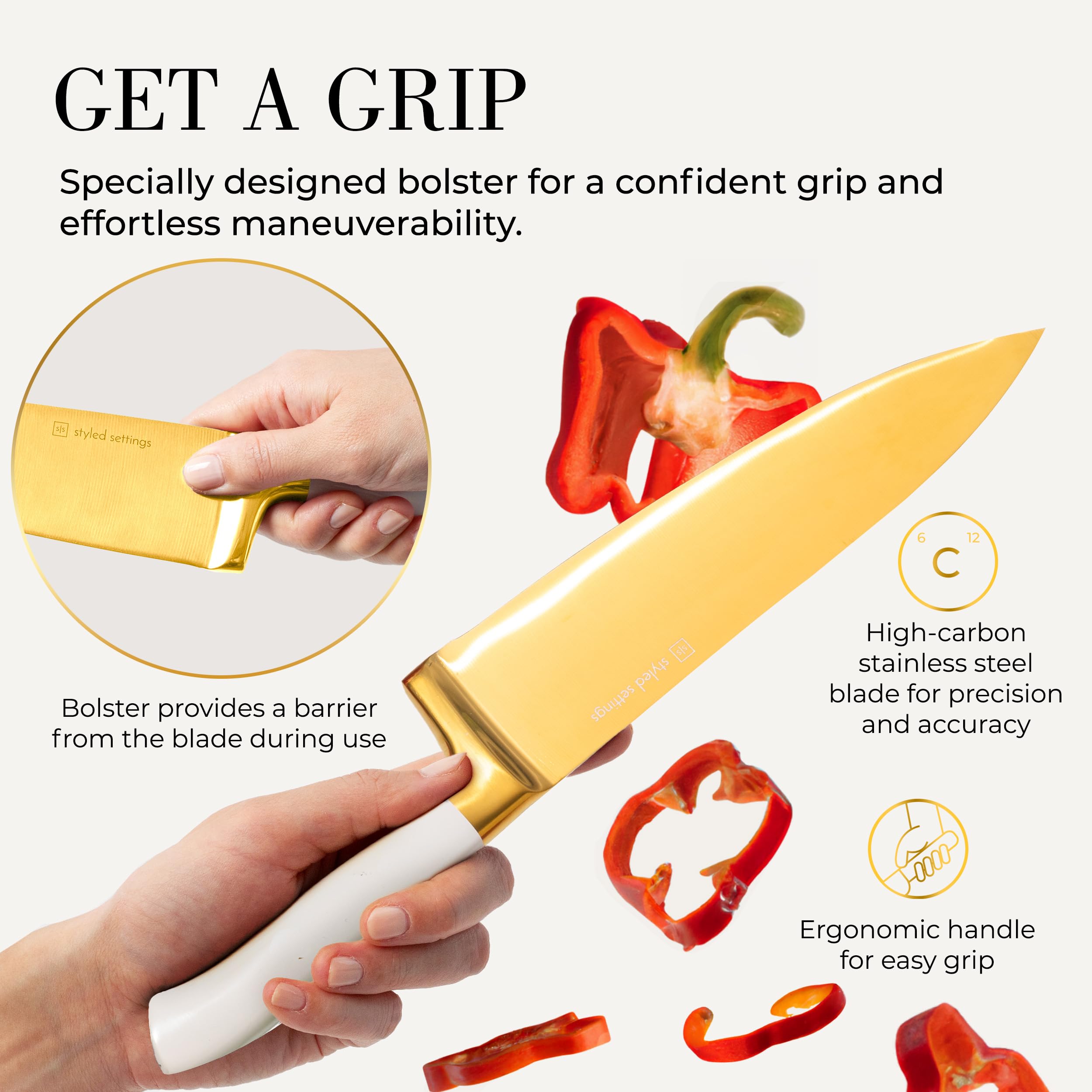 Gold Knife Set with Block Self Sharpening - 14 PC Luxurious Titanium Coated Gold and Off-White Kitchen Knife Set and White Knife Block with Sharpener, White and Gold Kitchen Accessories and Decor