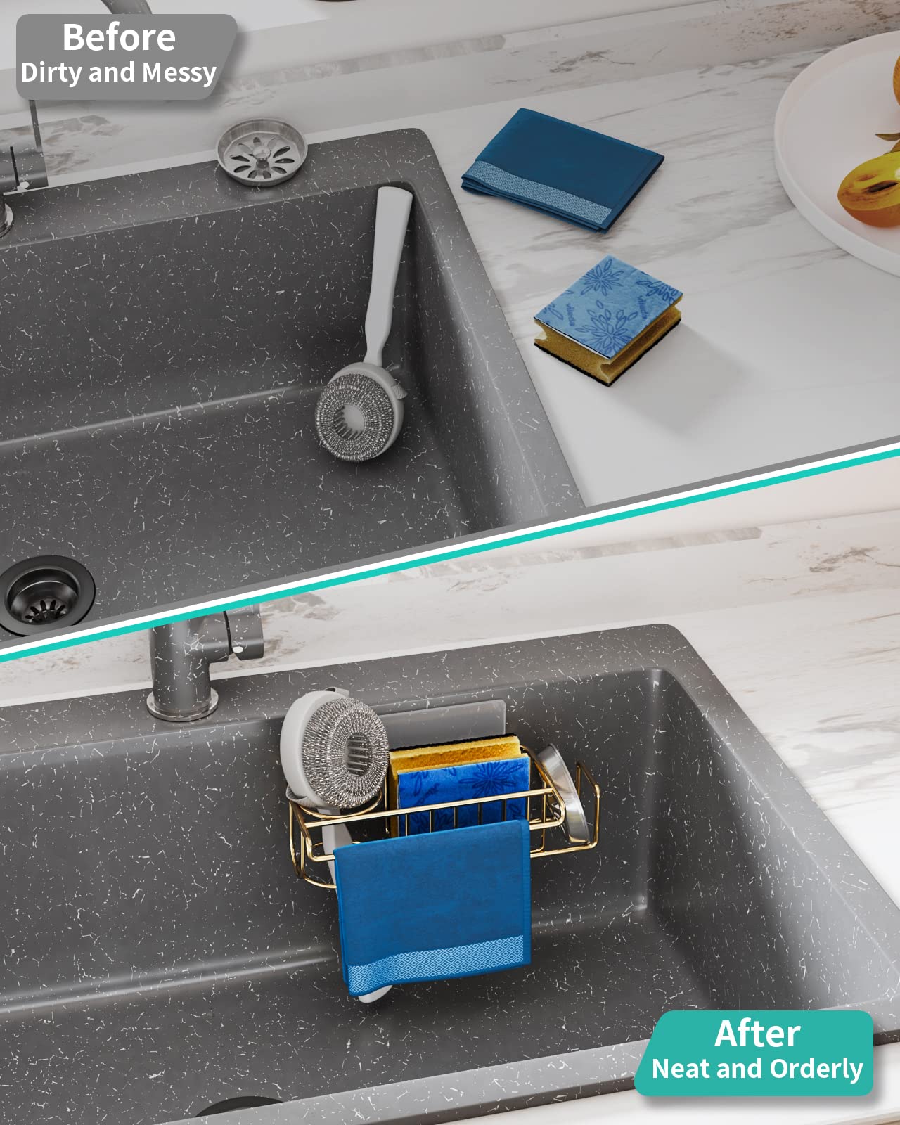 HapiRm Sponge Holder for Kitchen Sink, No Drill Sink Caddy Kitchen Sink Organizer, Rustproof Sink Sponge Holder- Gold(8.46 * 3.54 * 2.36in)