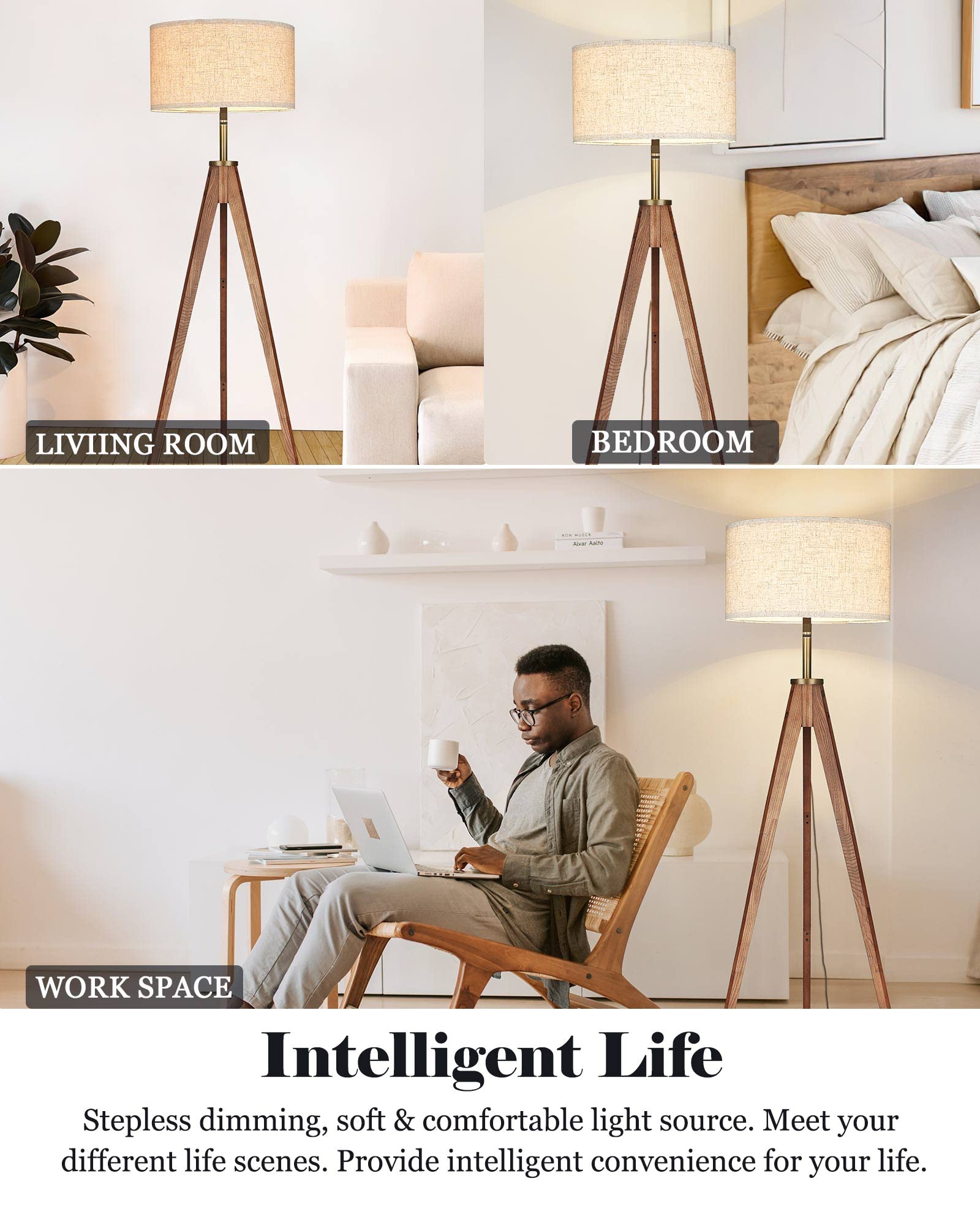 ELYONA Tripod Floor Lamp with Remote for Bedroom, Solid Ash Wood, Stepless Dimmer & Color Temperature LED Bulb Included, Mid Century Modern Touch Control Standing Light for Living Room, Brown