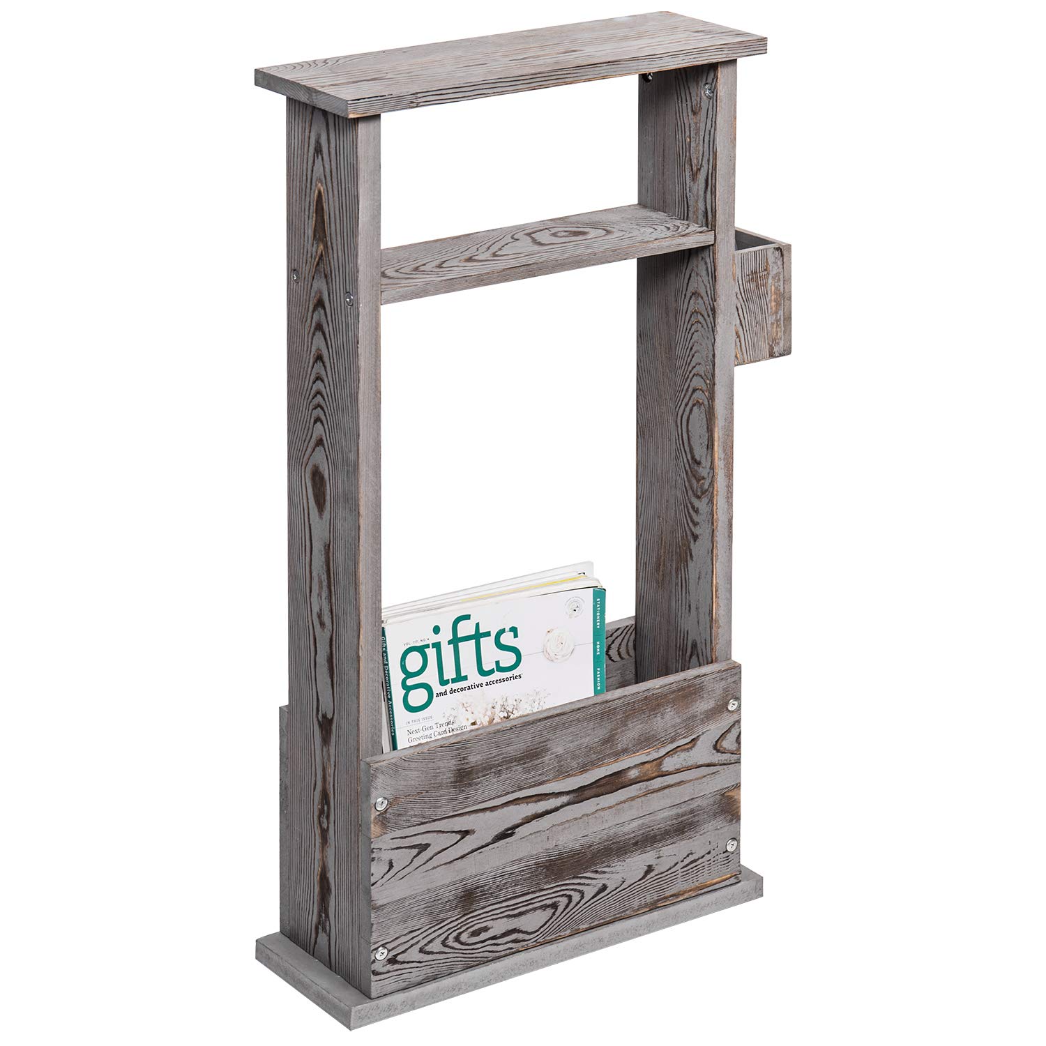 MyGift Narrow Side Table, Slim End Sofa Table in Vintage Gray Wood with Storage Shelf, Magazine and Remote Holder