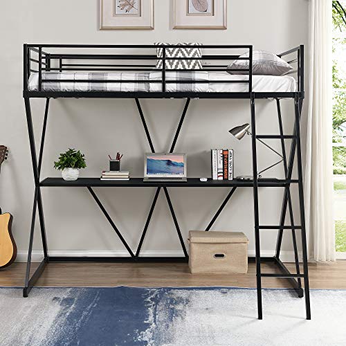 Twin Loft Bed with Desk, Loft Bed with Ladder and Full-Length Guardrails, X-Shaped Frame,Maximum Weight of 220 lb, Black(New)