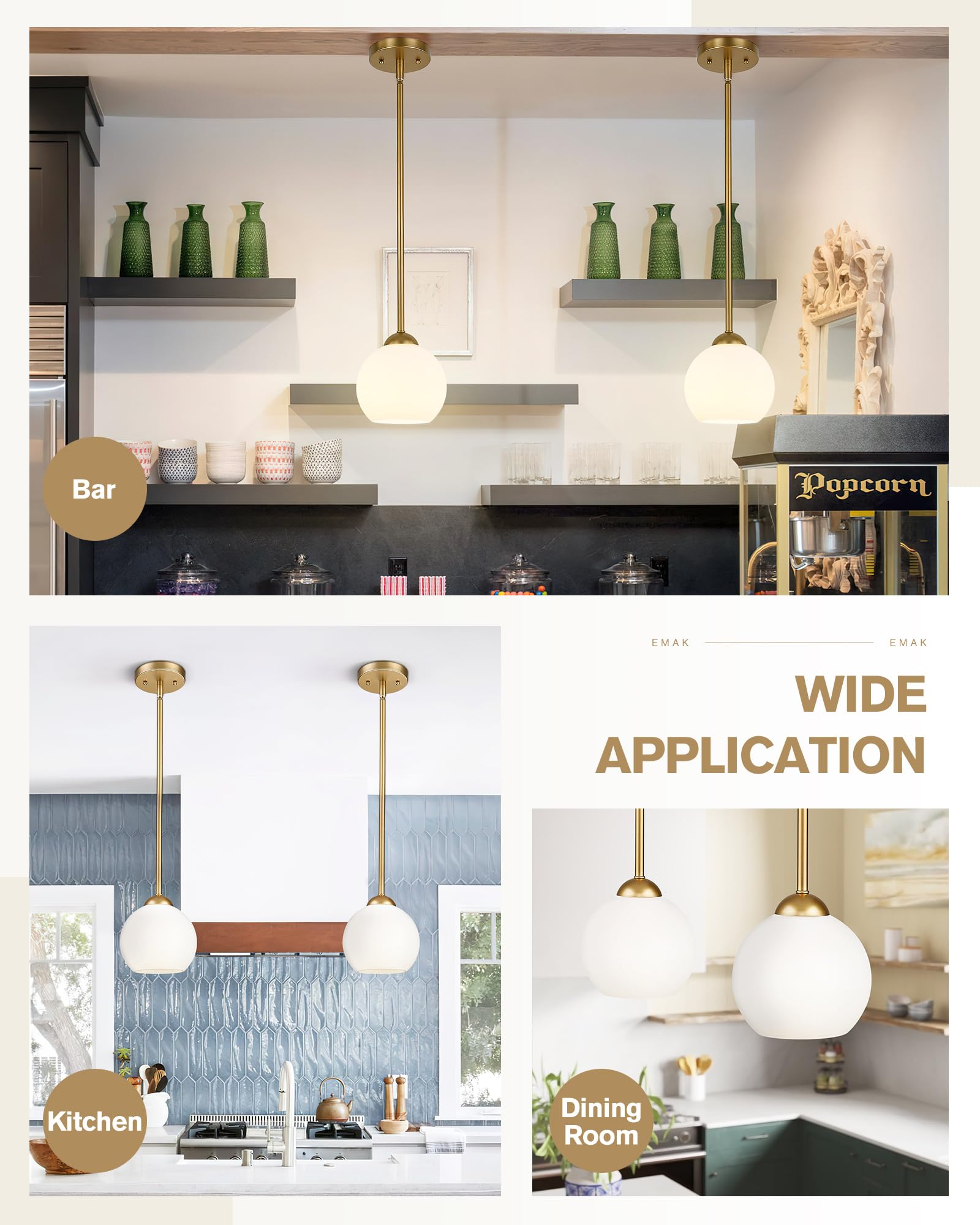 Emak 7 Inch Globe Pendant Lights, Modern Gold Pendant Light Fixtures, 1 Light Hanging Lights with Milk Glass Shade for Kitchen Island, Bathroom, Dining Room, Bedroom, PL119-GD-ML