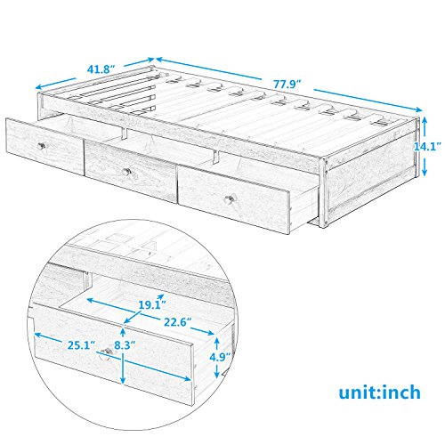Twin Size Bed with 3 Storage Drawers, Solid Wooden Twin Platform Bed with Support Slats, Twin Bed Frame for Kids Teens, No Box Spring Needed (Twin, Oak)