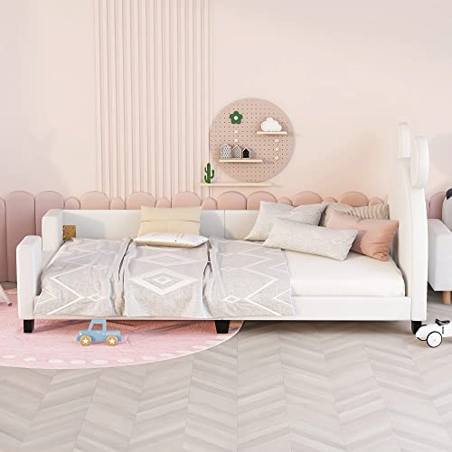 Twin Size Kids Upholstered Bed with Carton Ears Shaped Headboard,Children Twin Platform Bed Frame with PU leather，Cute Wooden Single Bed for Girls Boys, No Box Spring Needed , White