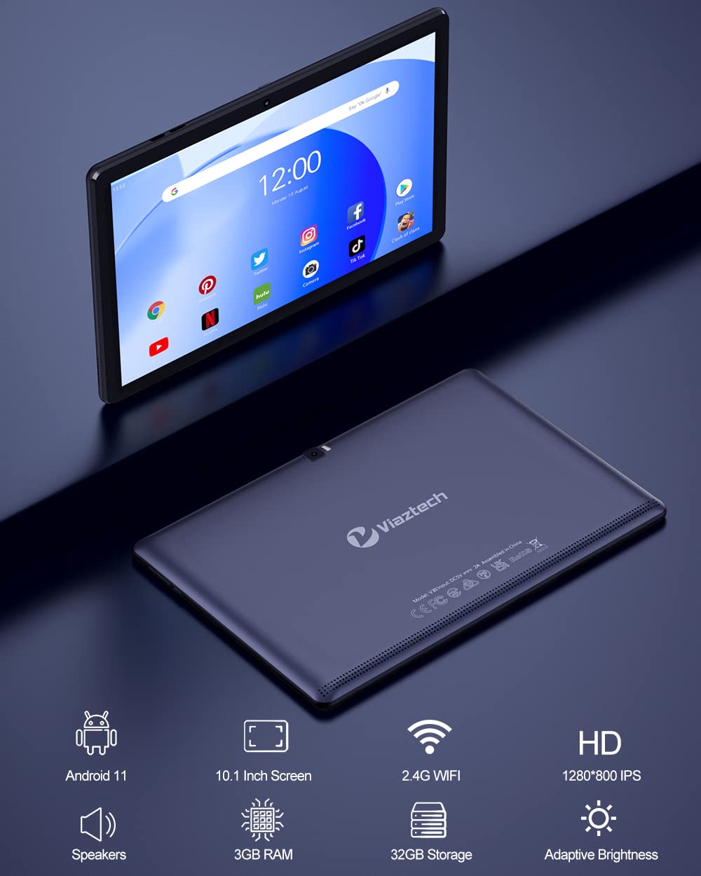 VIAZTECH Android Tablet 10 inch,Android 11 Tablet PC 3GB 32 GB,1.8GHz Processor,Double Camera 8.0 MP,GMS Certified Tablet,Dual Speakers,HD Touch Screen,6000mAh Battery,WiFi,Bluetooth,Type-C