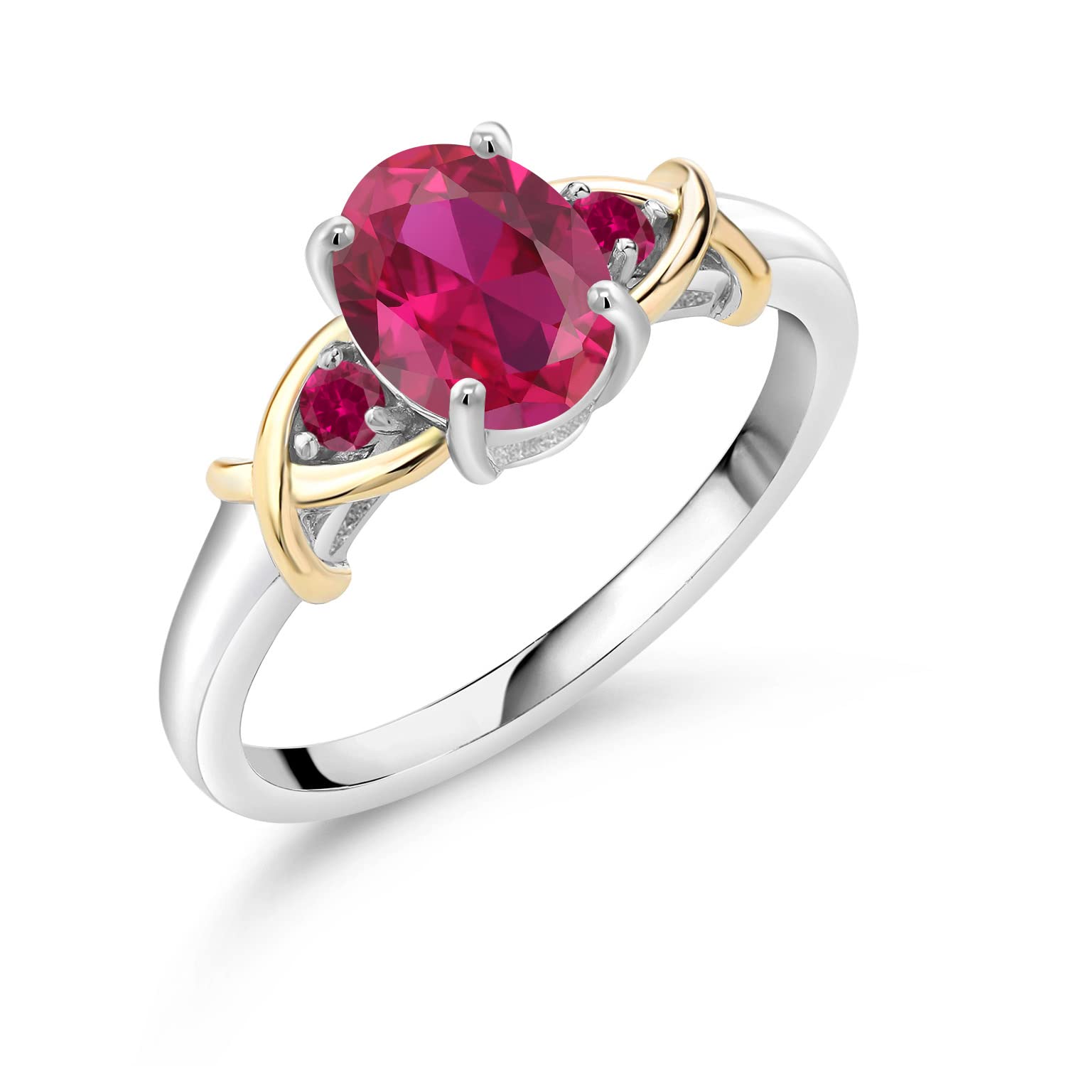 Gem Stone King 2 Tone 925 Sterling Silver and 10K Yellow Gold Oval Red Created Ruby Ring For Women (1.45 Cttw, Available In Size 5, 6, 7, 8, 9)