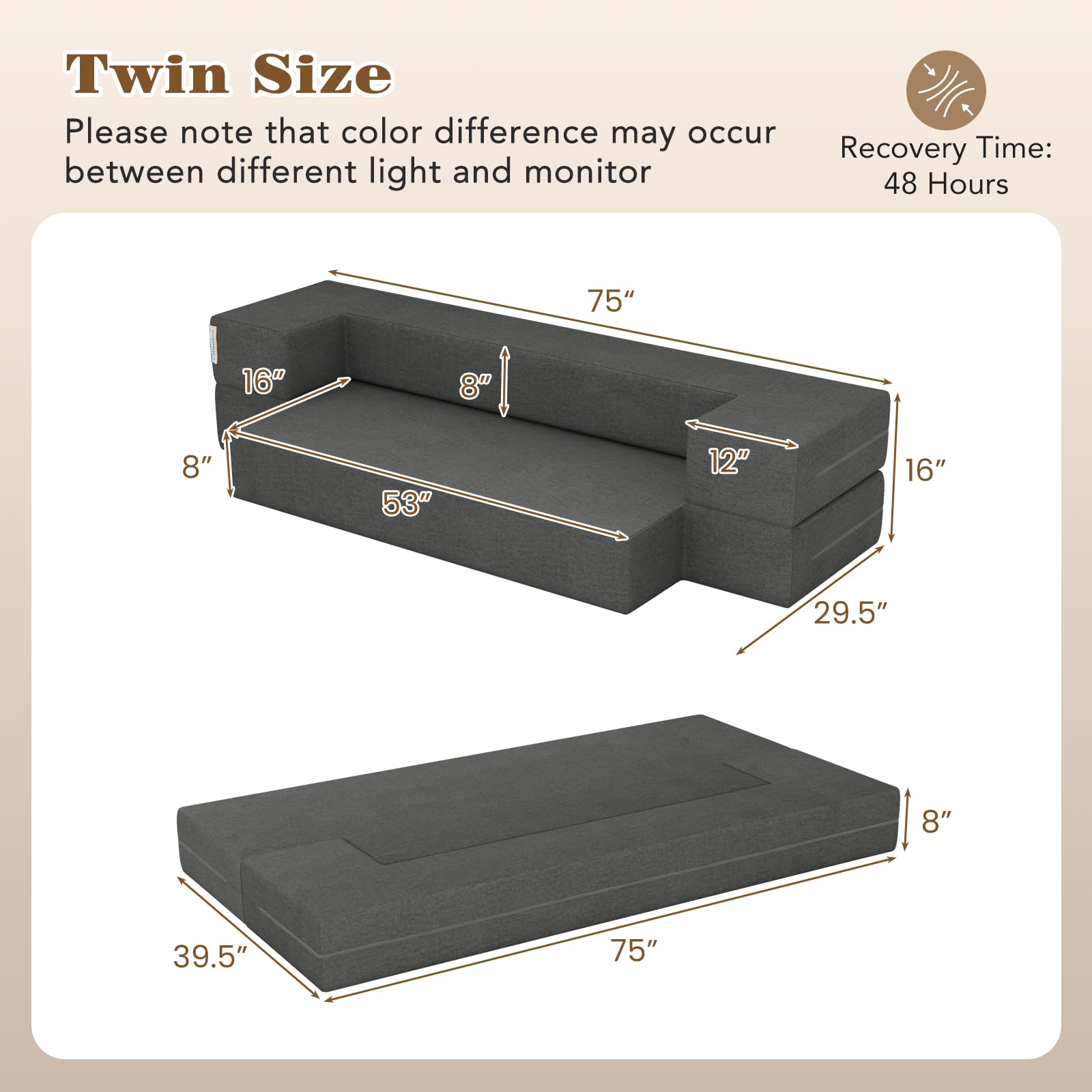 RELAX4LIFE Convertible Folding Sofa Bed - Medium Firm Fold Out Futon Couch w/8ββ Memory Foam, Washable Cover, Floor Lounge Sleeper Mattress for Living Room Guestroom Home Office Dorm Apartment (Twin)