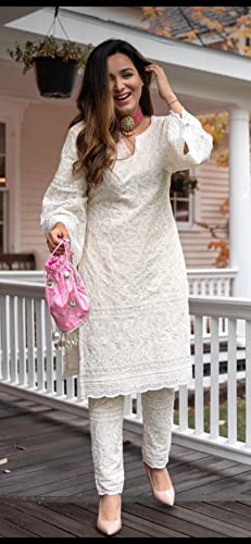 Vrnda Indian Chikankari Cotton Kurtis For Women Summer Dress Tunic Top Pant Set Pakistani Salwar Suit- Kameez (L-White)