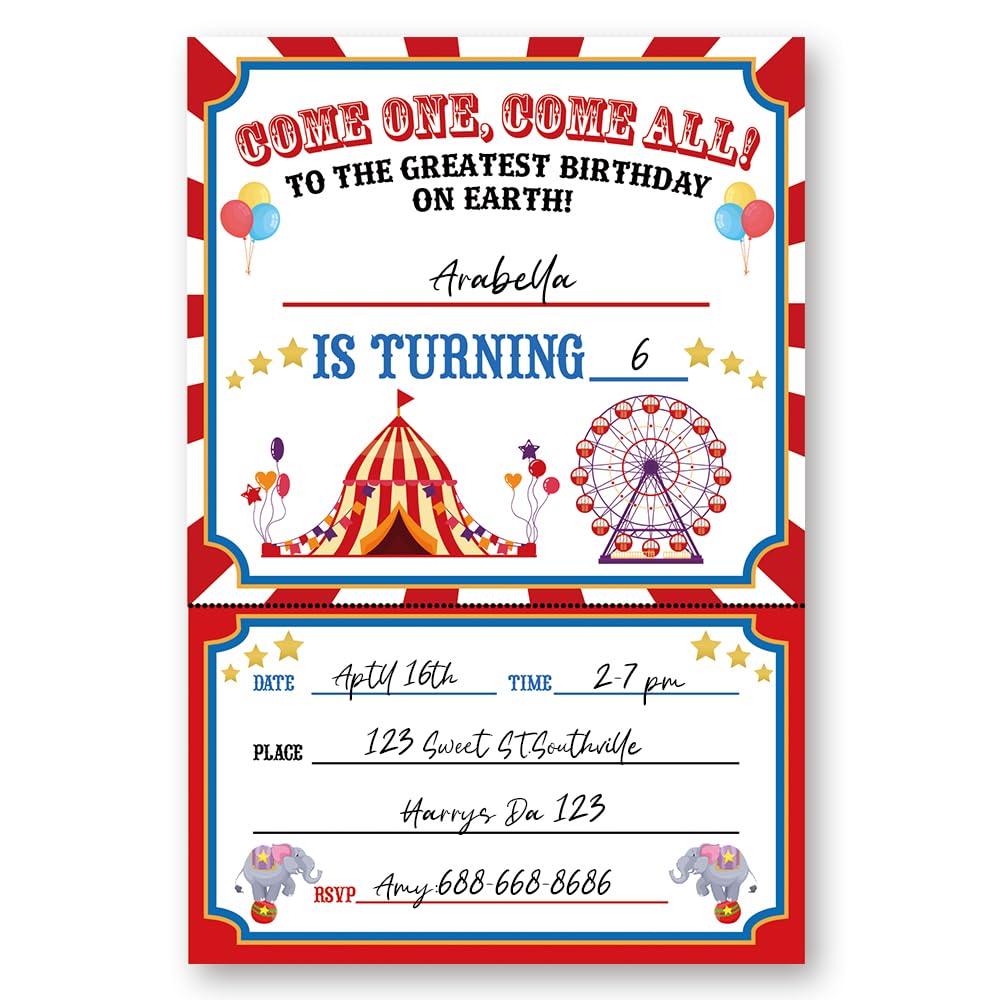 LoaHak Circus Birthday Party Invitations Card For Kids, Circus Party, carnival Birthday Invitation. (089)