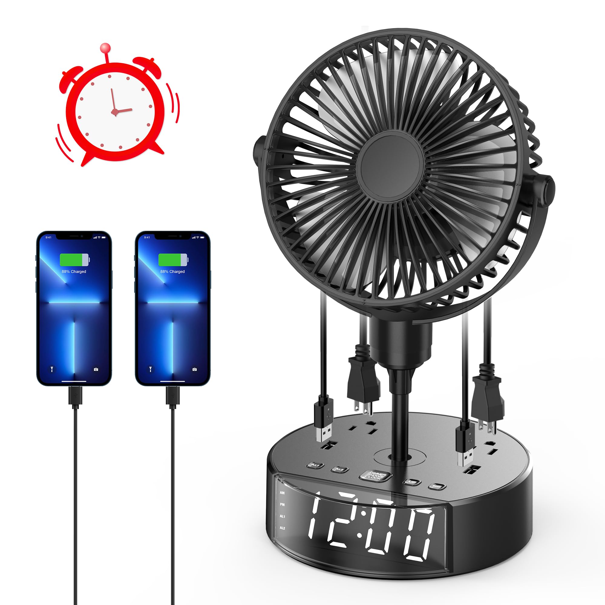 Fereowth Quiet Desk fan,Office Fan with 2 USB Charging Ports,Table Fan with 2 AC Power Outlets ,Bedroom Fan with Timer Alarm.Personal Fan for Home,Strong Wind, Quiet Operation(black gray)