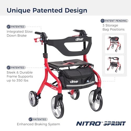 Drive Medical Nitro Sprint Foldable Rollator Walker with Seat, Standard Height Lightweight Rollator with Large Wheels, Folding Rolling Walker, Walker Rollator with Seat, Red