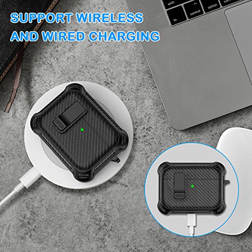 R-fun for AirPods Pro 2nd /1st Generation Carbon Fiber Case Cover with Lock,Automatic Snap Switch and Full-Body Drop Protection Case for AirPods Pro 2 -Black