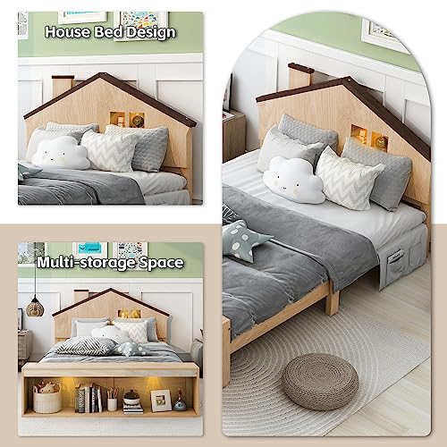 Melpomene Full Size Wood House Bed with LED Lights, Kids Platform Bed Frame with Storage Footboard for Girls, Boys,Natural