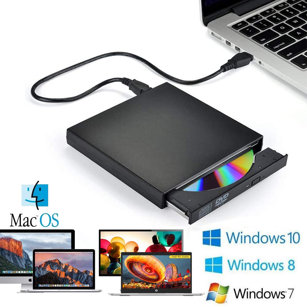 External DVD CD Drive, Ultra Slim Portable CD DVD Burner Player Writer for Laptops Desktops and Notebooks (Including Two Cables)