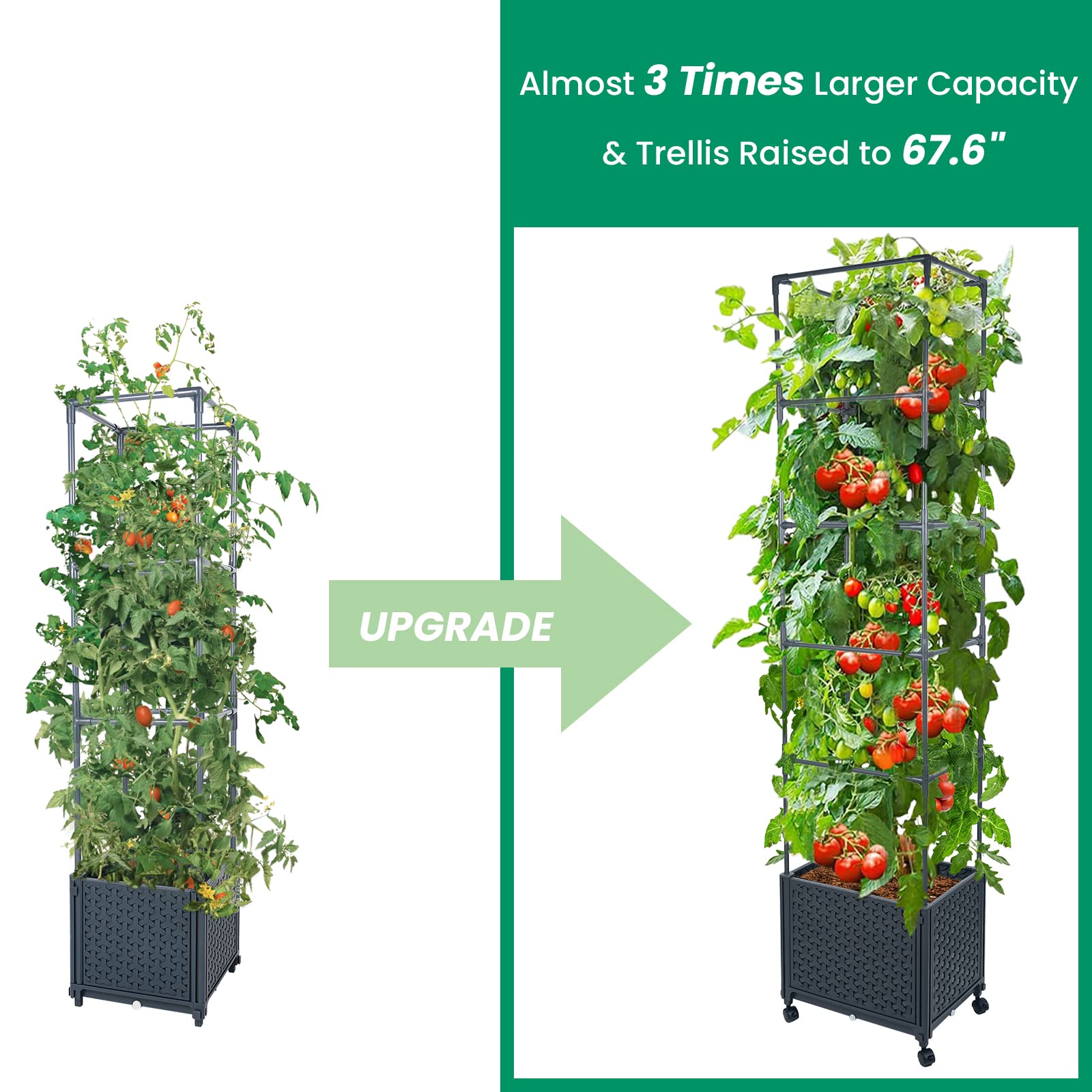 GREEN MOUNT Raised Garden Bed Planter Box with Trellis for Climbing Vegetables Plants, 67.6" Outdoor Tomatoes Planters Tomato Cage w/Wheels