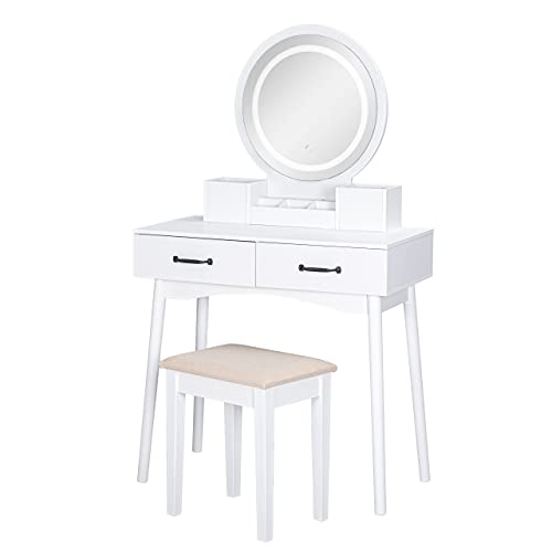 UTEX Makeup Vanity Desk with Round Mirror and Lights,White Vanity Makeup Table, Small Vanity Table with 2 Drawers, 3 Lighting Modes Dresser Desk and Cushioned Stool SetĀ for Bedroom, White