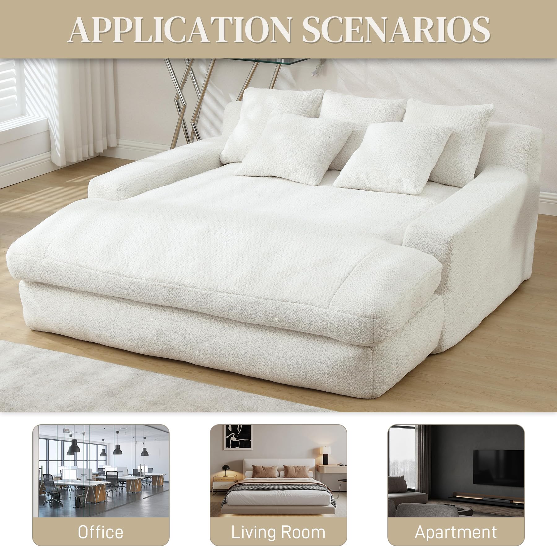 ONEMMLION Oversized Loveseat Modular Sectional Sofa Cloud Couch, 72.4" Comfy Deep Seat Double Chaise Sleeper Sofa, Modern Upholstered Chenille Boucle Couch for Living Room, Grey