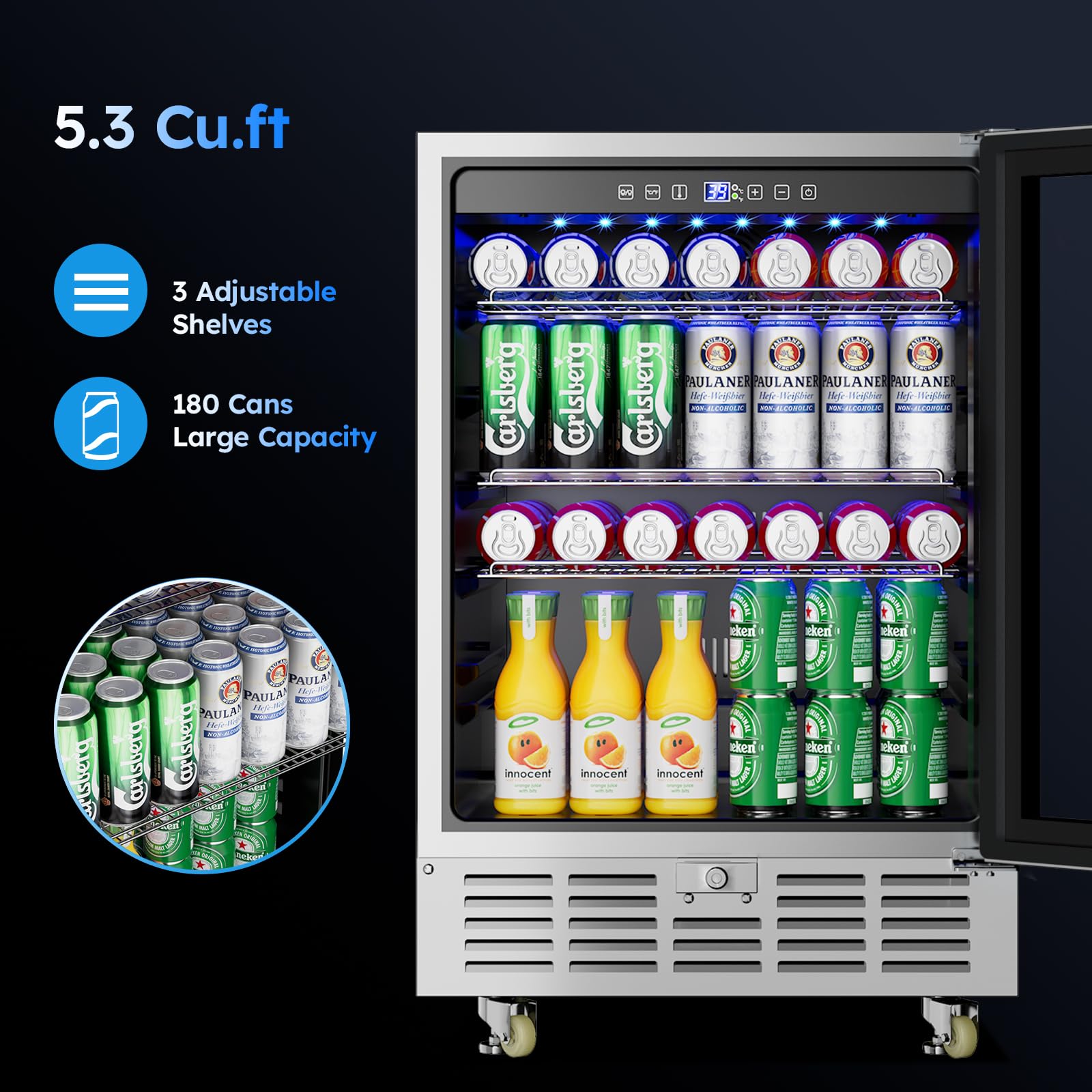 Outdoor Refrigerator, Stainless Outdoor Fridge for Outdoor Kitchen and Patio, Built-in/Freestanding 24 Inch Undercounter Refrigerators with Wheels, 190 Cans Outdoor Beverage Refrigerator Lockable