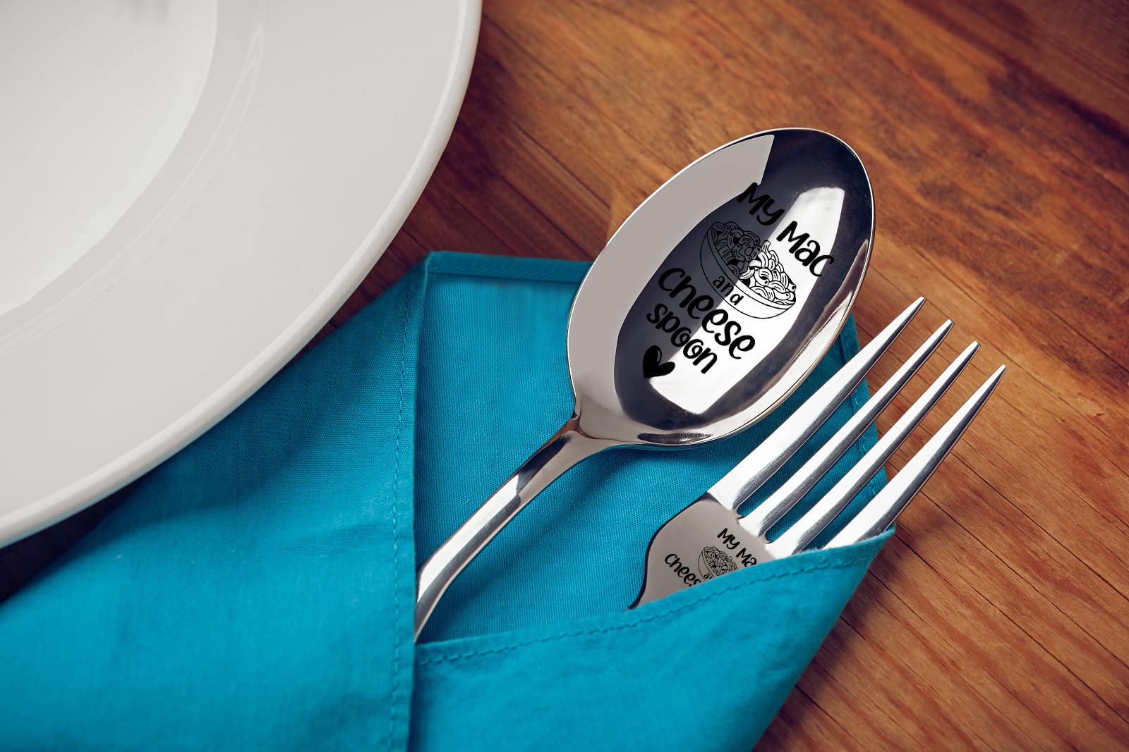HSSPIRITZ 2 Pieces My Mac and Cheese Stainless Engraved Spoon Fork Set, Kitchen Restaurant Long Handle Dinner Spoons and forks for Friends,Women,Sister Birthday Cheese macaroni Lovers Christmas Gifts
