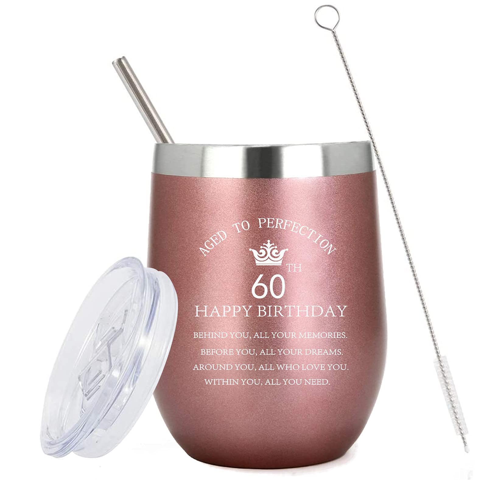 Happy 60th Birthday Gifts for Women Wife-Behind You All Your Memories Funny 60 Year Old Birthday Gifts Ideas for Mom Friends Stainless Steel Insulated Wine Tumbler Coffee Cup (Rose Gold 12oz)