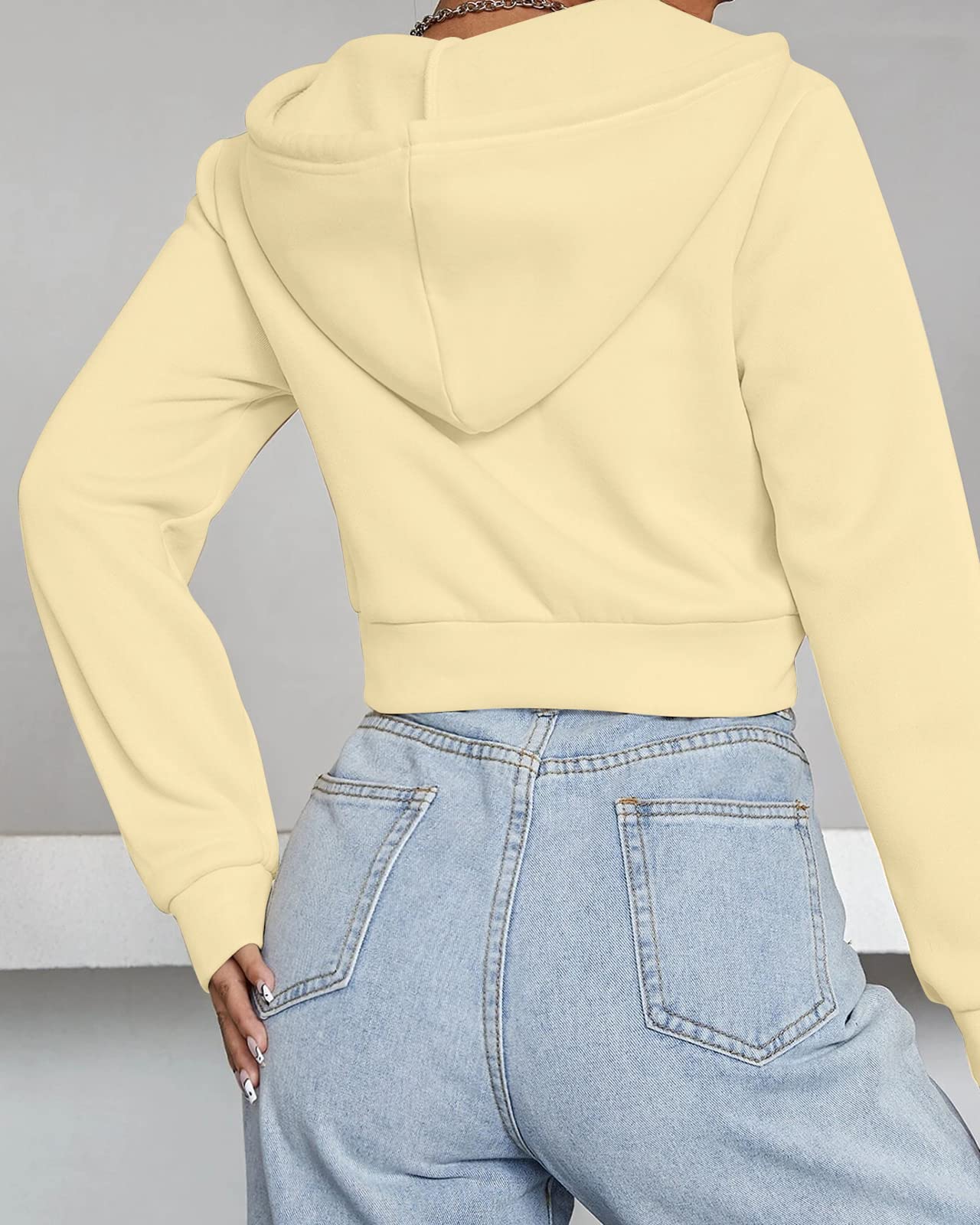 Fessceruna Women Hoodies Zip Up Drawstring Casual Long Sleeve Basic Cropped Sweatshirt