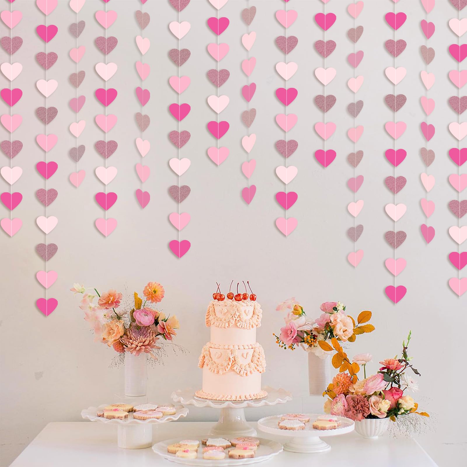 JunyRuny Pink Rose-Gold Party Decorations Love-Heart Garland - 48ft, Wedding Bridal Shower Hanging Decoration Streamers Banner, Baby Girl Birthday, Bachelorette Engagement, Valentine Day Decor
