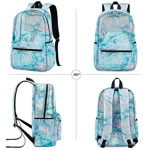 LEDAOU Mesh Backpack for Kids Girls Semi-Transparent Mesh School Backpack Bookbag Lightweight Casual Daypacks for Beach Gym(Marble Purple Blue Green)