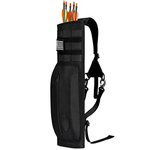 G4Free Archery Back Arrow Quiver Deluxe Canvas Arrow Holder Shoulder Hanged Hunting Target Quiver (Black with Tactical Patch)