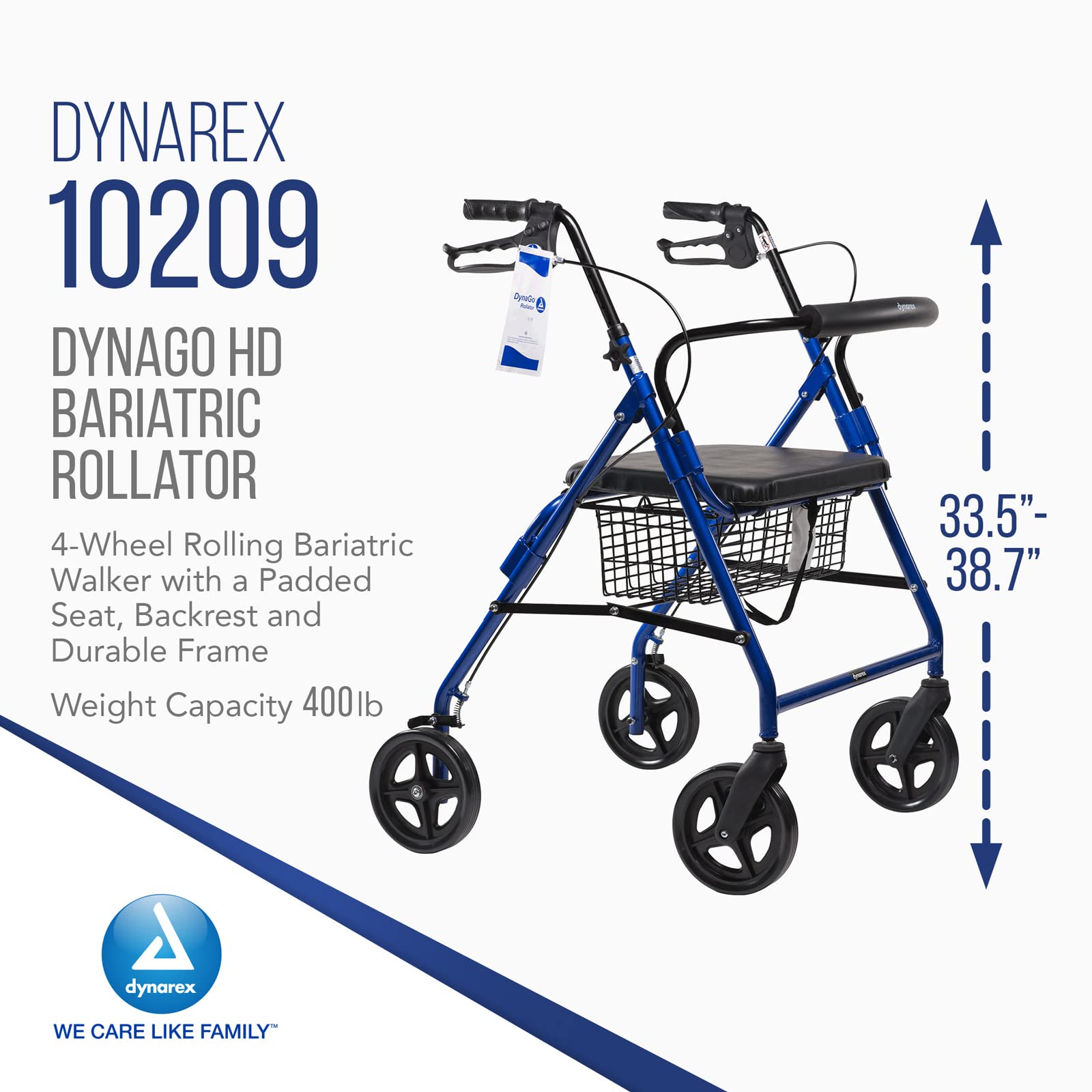 Dynarex DynaGo HD Bariatric Rollator is a Heavy Duty 4 Wheel Rolling Bariatric Walker with a Padded Seat, Backrest & Durable Frame to Support 400 Lb. Weight Capacity, 8” Wheels, Blue Frame, 1 Rollator