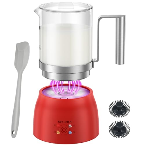 Secura Detachable Milk Frother and Steamer, 17oz Electric Milk Warmer 4-in-1 Hot/Cold Foam Maker for Latte, Macchiato, Hot Chocolate, Glass Milk Jug Dishwasher Safe (Red)